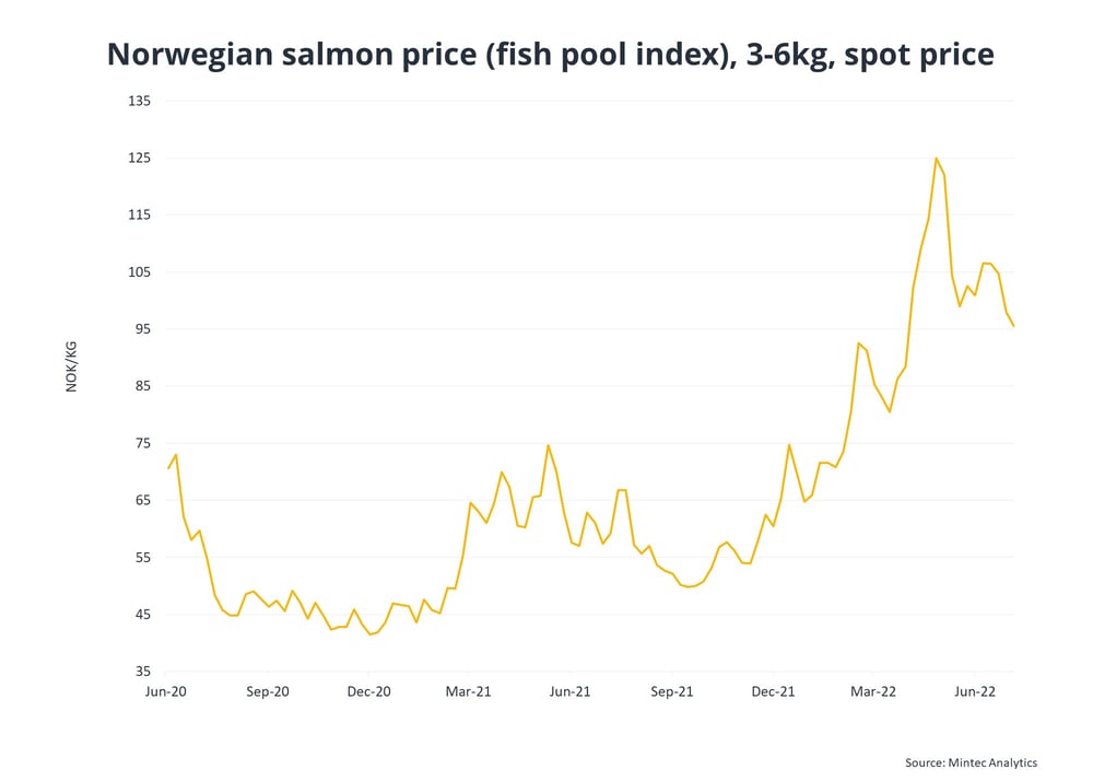 Norwegian salmon prices continue descent from record high of April 2022